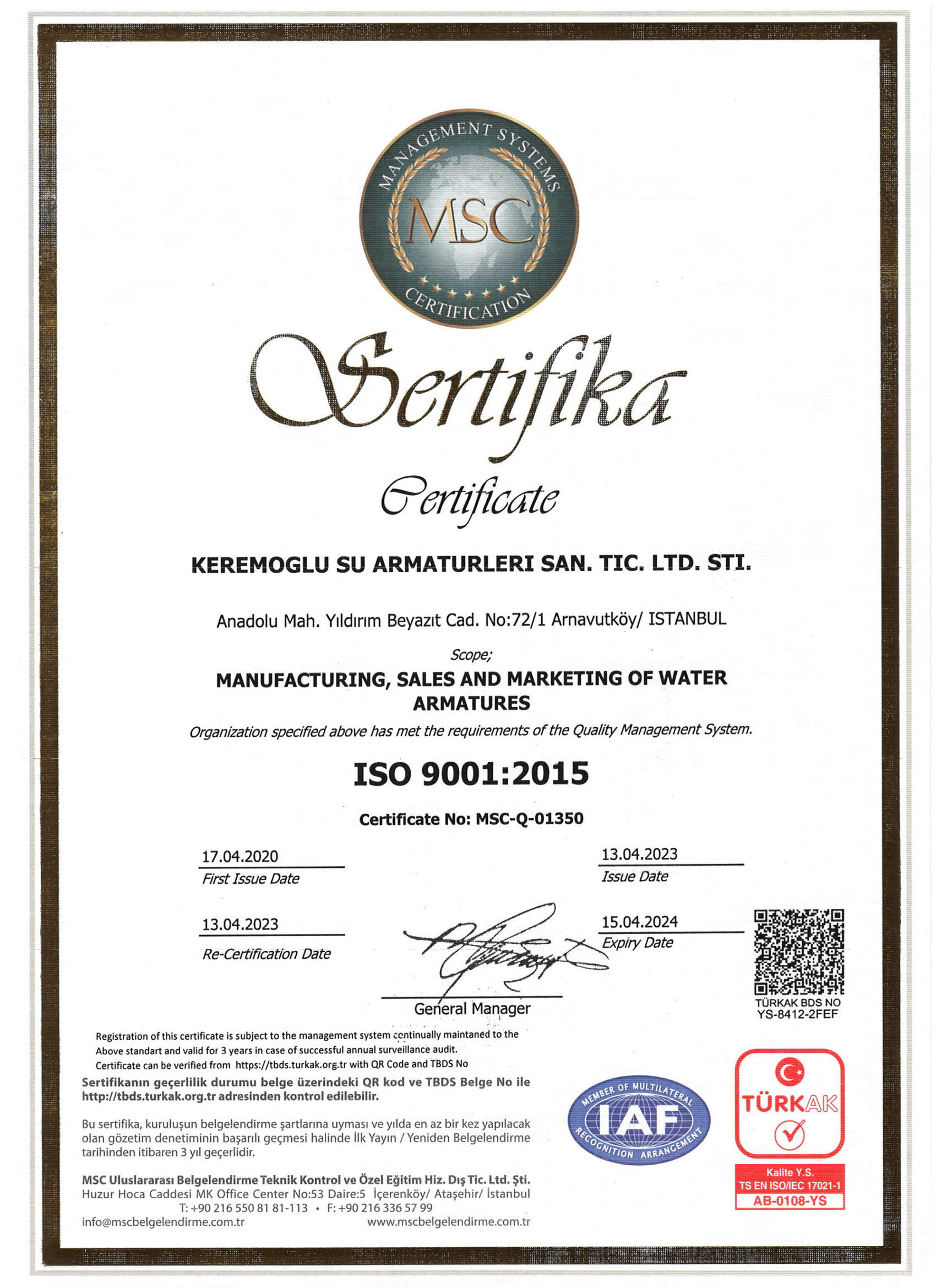 Certificates - Gicora Bathroom and Kitchen Fixtures